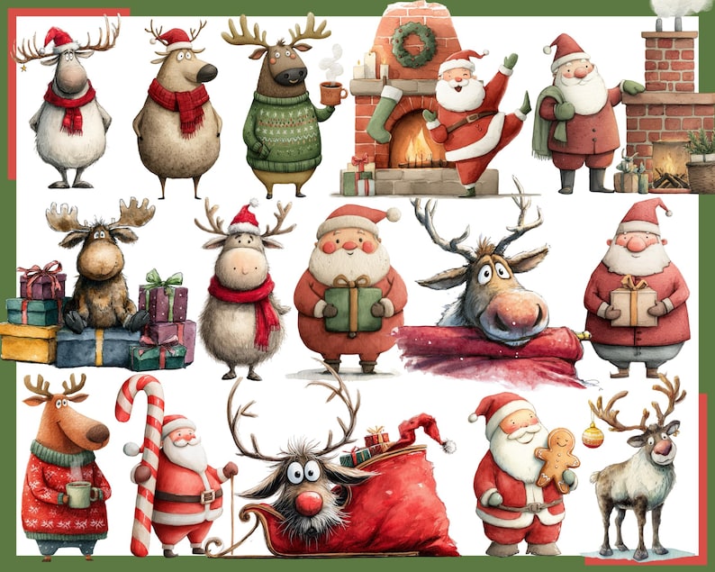 Quirky Santa and Reindeer Clipart: 110 PNG, 300 DPI | Funny Christmas ...