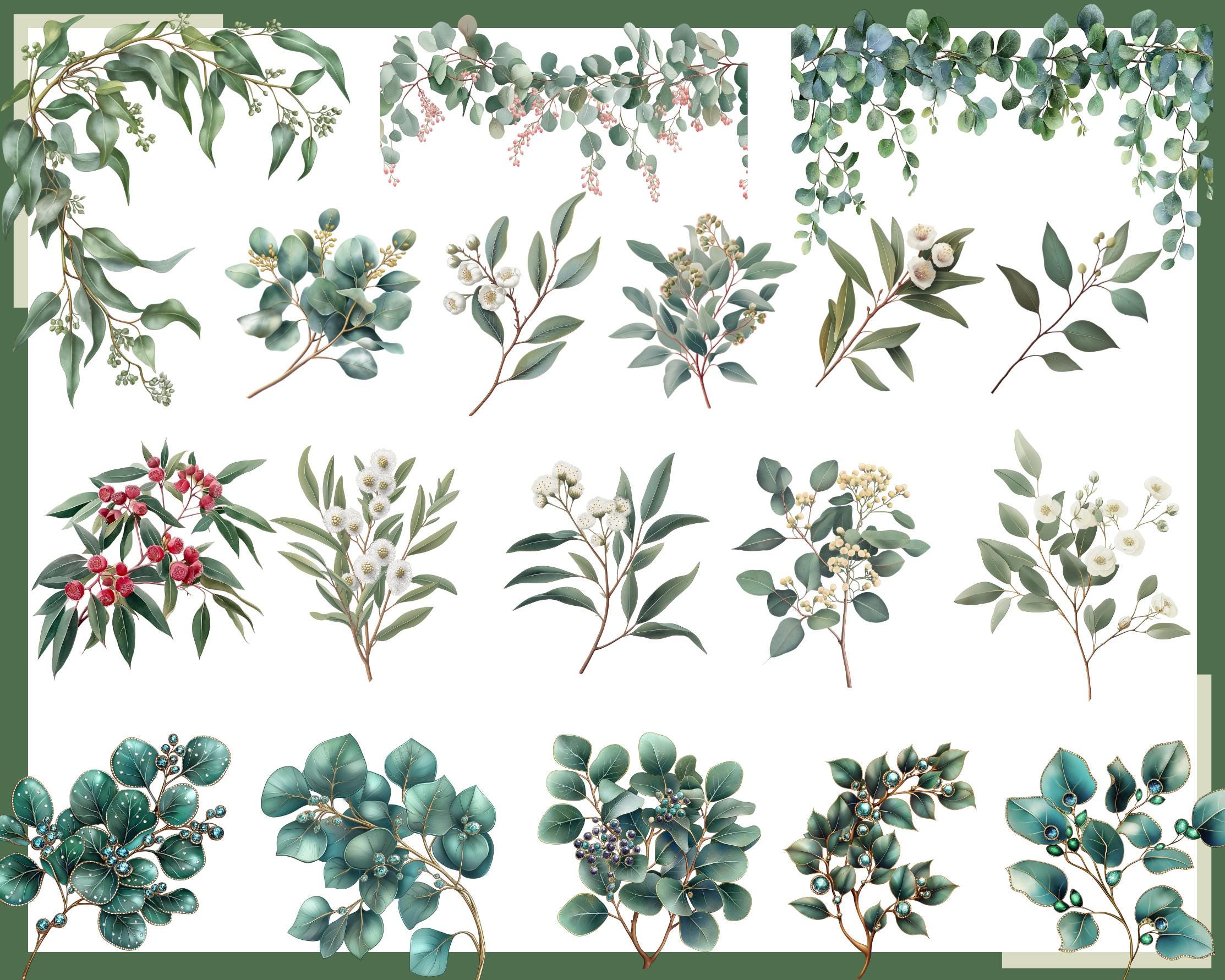 Eucalyptus Clipart Bundle: Watercolor Greenery, Floral PNG (140 Files ...