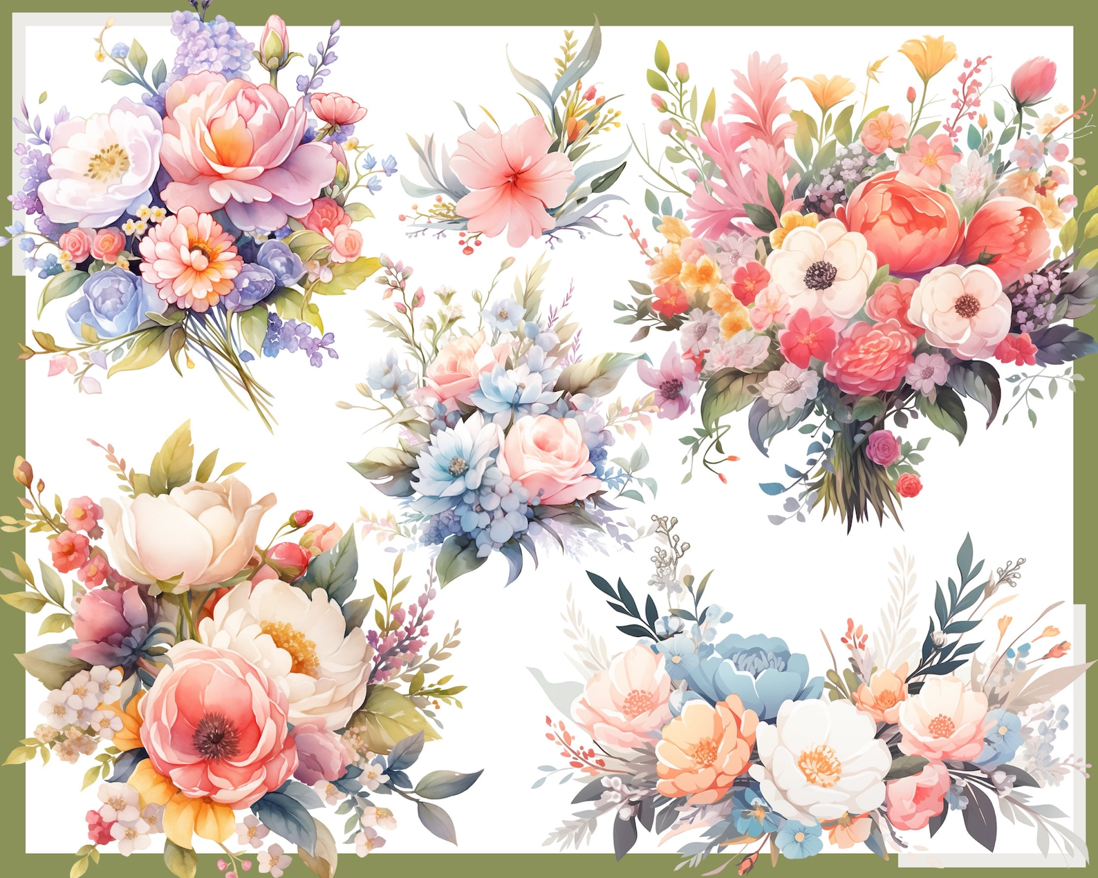 Floral Bouquet Clipart: Gentle Gold Flower Graphics (180 PNG, 300 Dpi ...