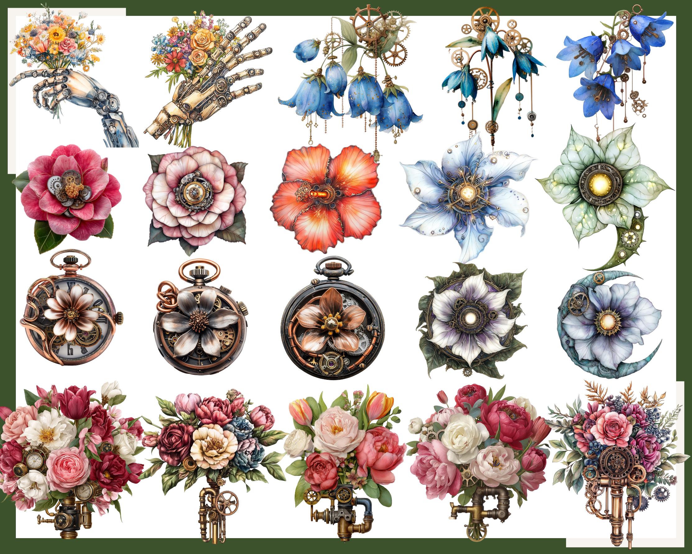 STEAMPUNK FLOWERS - 110 Cliparts | Vintage Mechanical Floral ...