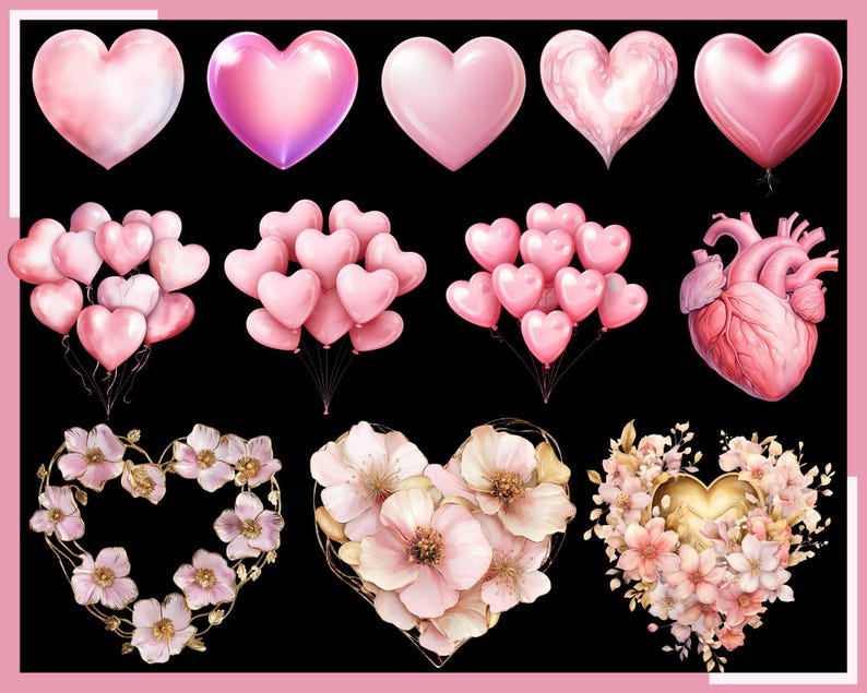 Pink Hearts Clip Art: 110 PNG, 300 DPI Valentine's Day Graphics, Love ...
