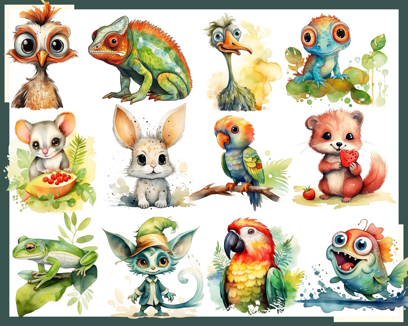 FUNNY ANIMALS - 100 Clip Arts (300 Dpi, Cute Animals, Birds, Fish, Frog ...