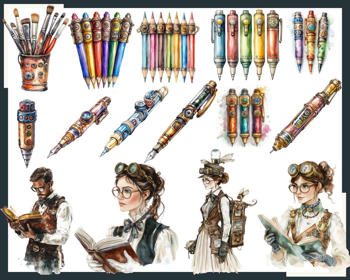 Steampunk School Clipart: 120 Watercolor Graphics (PNG) - Etsy