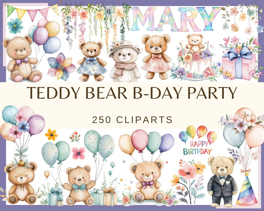Teddy Bear Birthday Watercolor Clipart: 250 PNG Nursery Graphics - Etsy