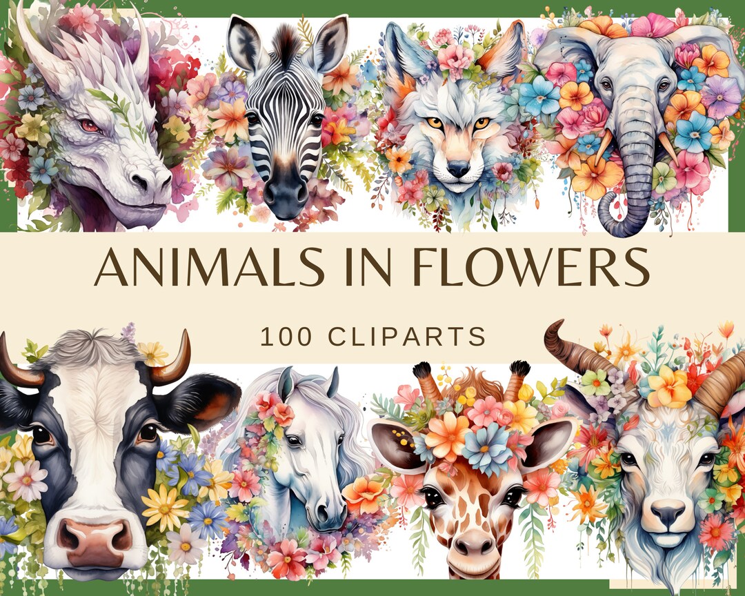 ANIMALS IN FLOWERS - 100 Clip Arts (300 Dpi, Horse, Cow, Dragon, Husky ...