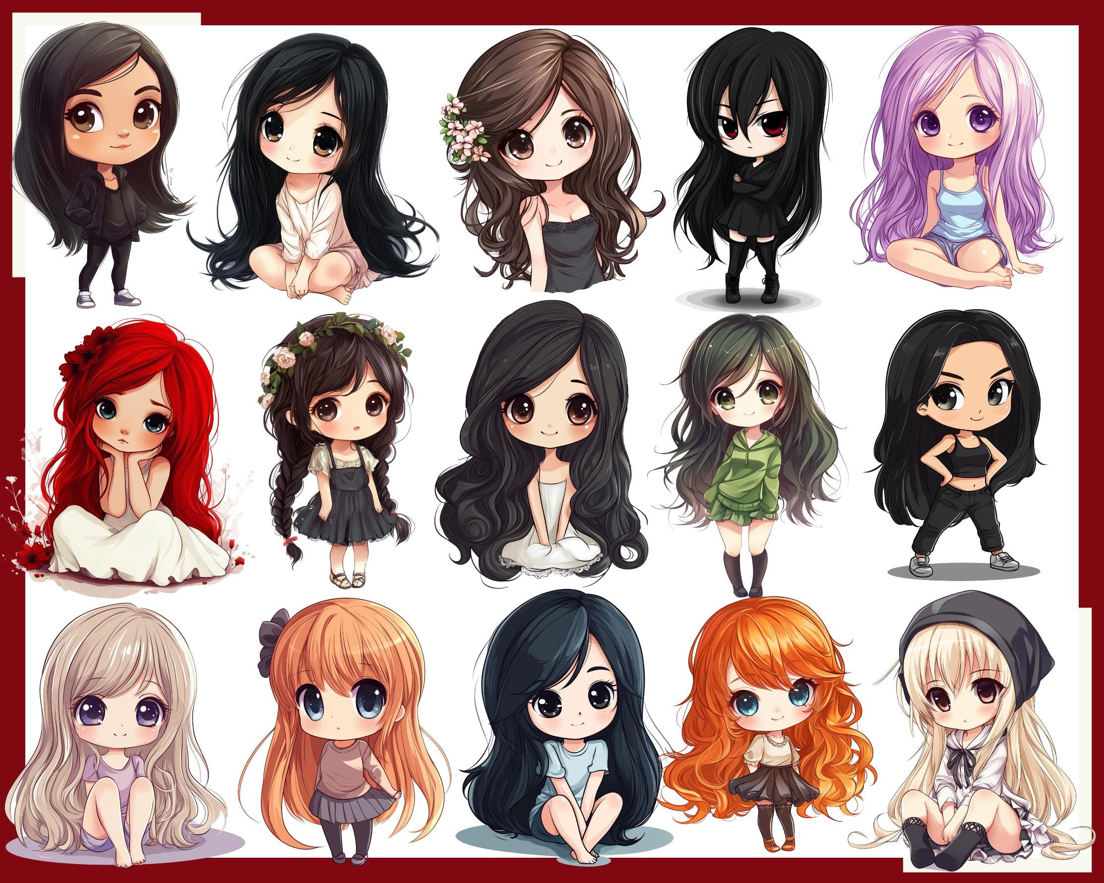 Chibi Anime Clipart: 100 Watercolor Cartoon Pngs (digital Download) - Etsy