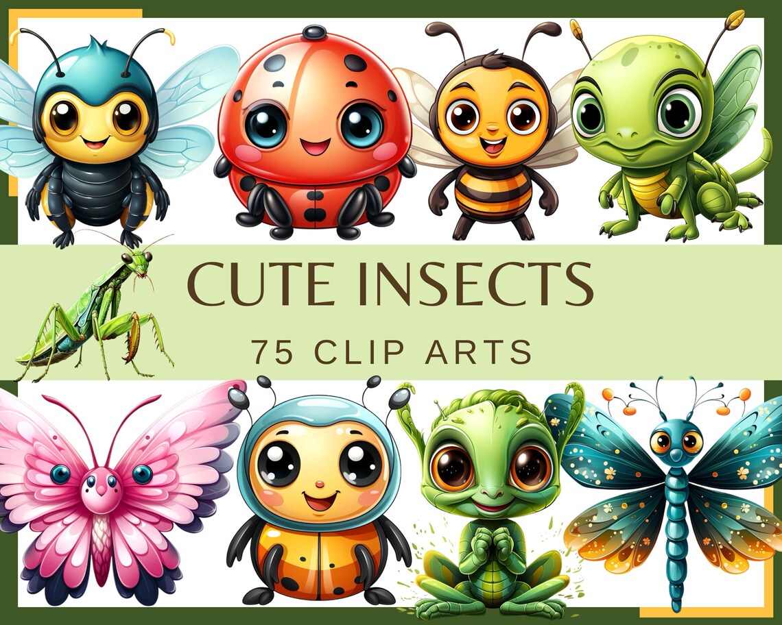 CUTE KAWAII INSECTS - 75 Clip Arts (300 Dpi, Beehive, Ladybug, Sweet ...