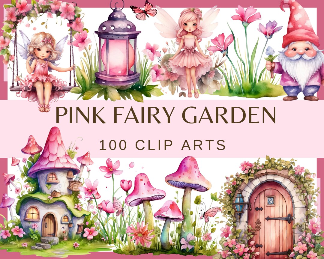 PINK FAIRY GARDEN - 100 Watercolor Clip Arts (transparent Background ...