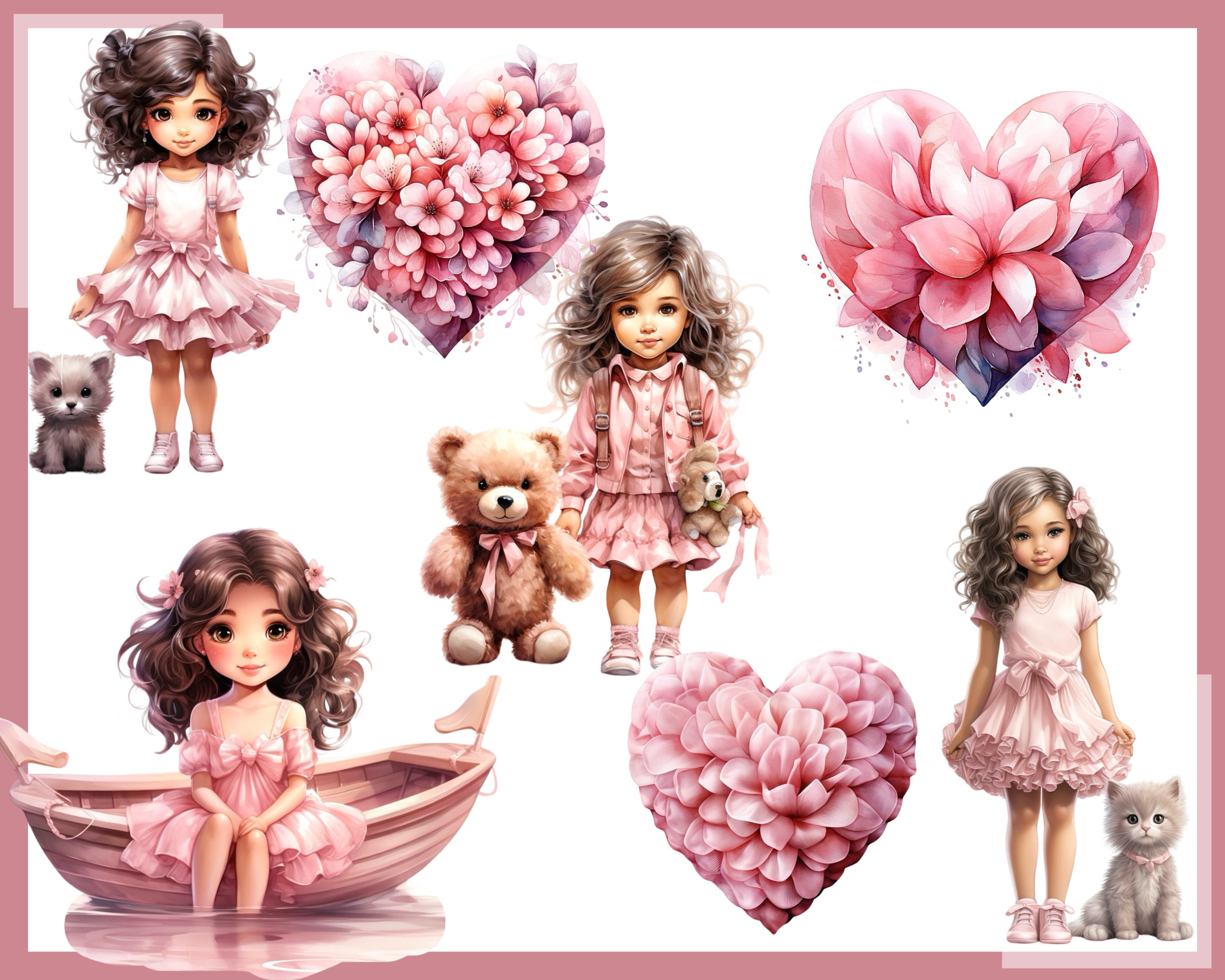 PINK DOLLS 50 Watercolor Clip Arts 10 Patterns 10 Stickers transparent ...