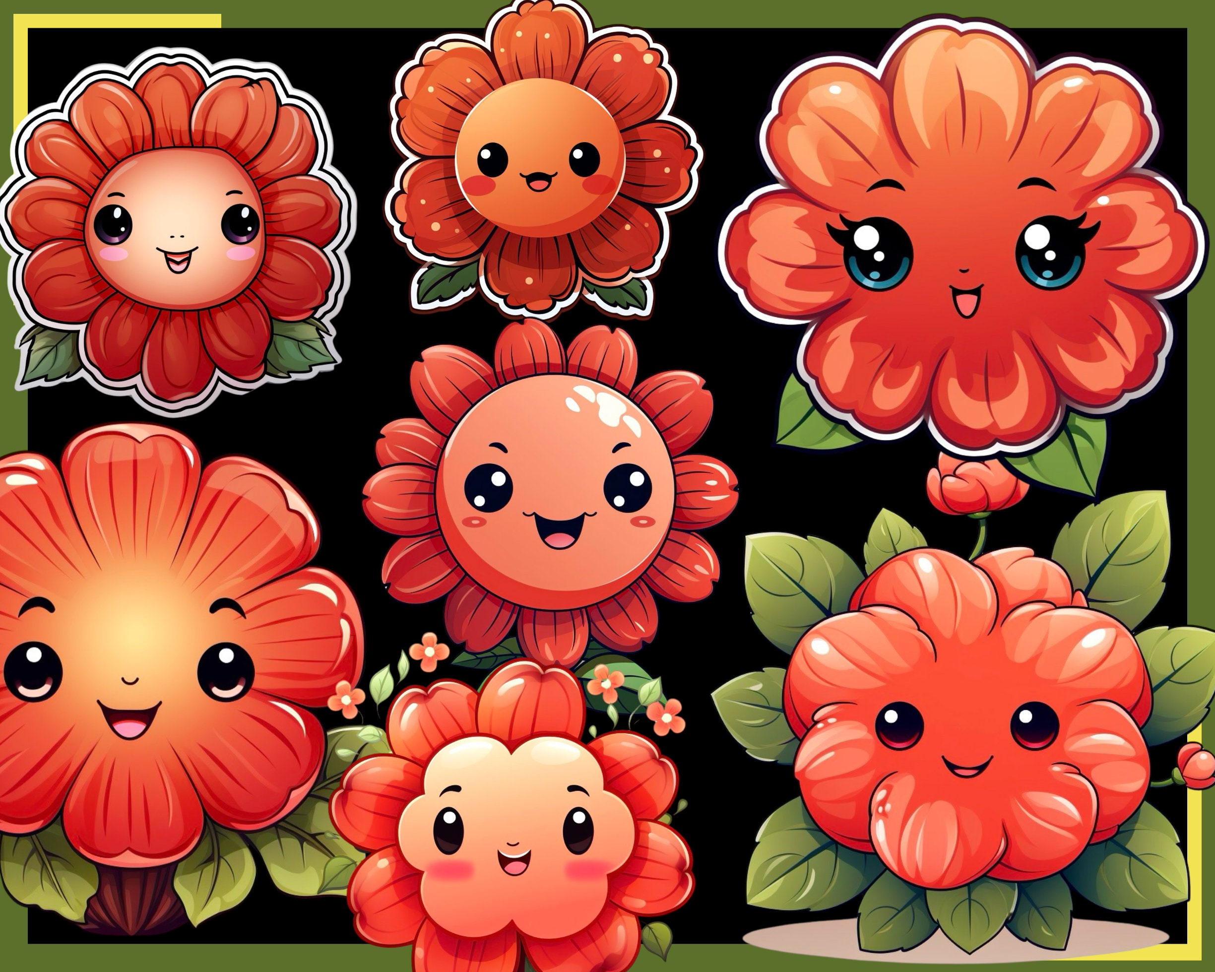 CUTE KAWAII FLOWERS - 100 Clip Arts (300 Dpi, Flower, Transparent ...