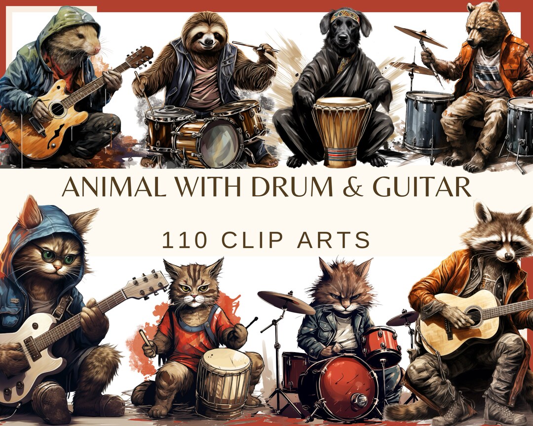 Animal Musicians Clip Art: Drums & Guitars Bundle (110 PNG) - Etsy