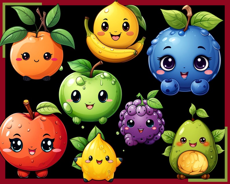 CUTE KAWAII FRUITS - 100 Clip Arts (300 Dpi, Fruit, Transparent ...