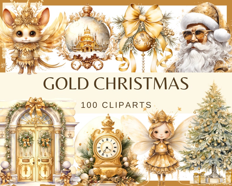 Gold Christmas Clipart: 100 Holiday PNG Graphics (digital Download) - Etsy