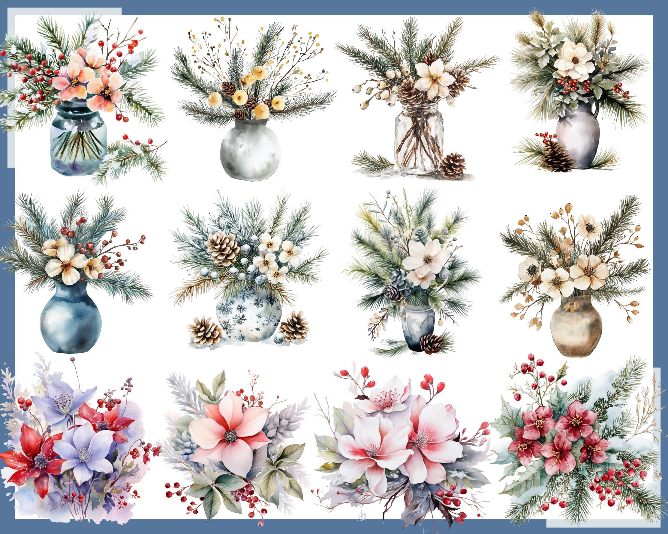Winter Flowers Clipart: Watercolor Floral PNG Bundle (110 Files) - Etsy