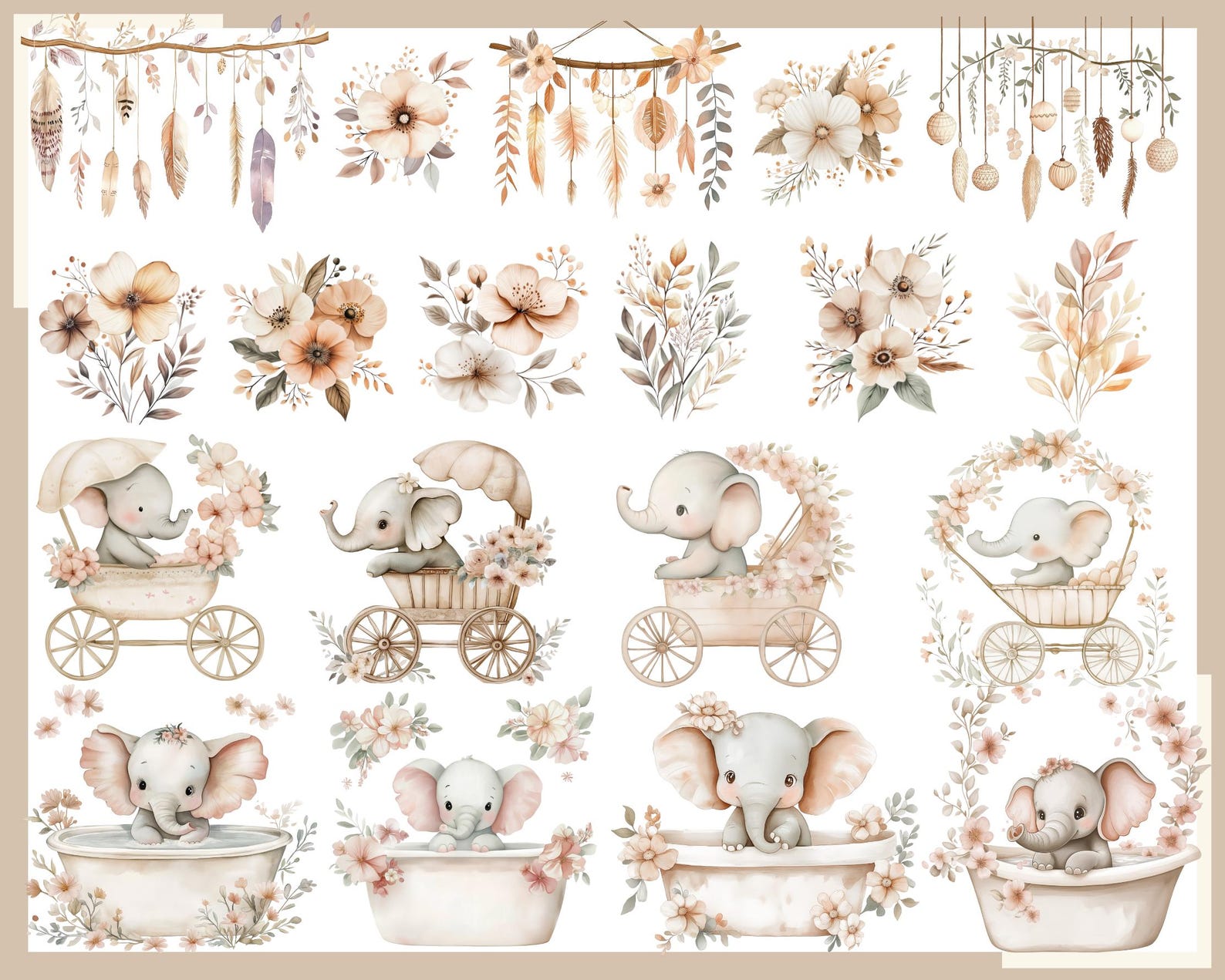 Beige Boho Baby Elephant Watercolor Clipart (PNG 300 Dpi) - Etsy