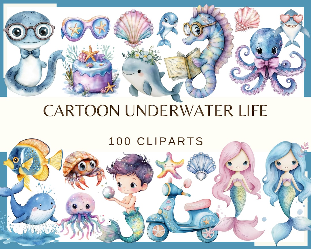 Cartoon Underwater Life Clipart: Ocean Animals, Aquatic Plants (300 DPI ...