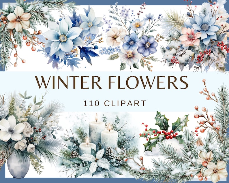 Winter Flowers Clipart: Watercolor Floral PNG Bundle (110 Files) - Etsy