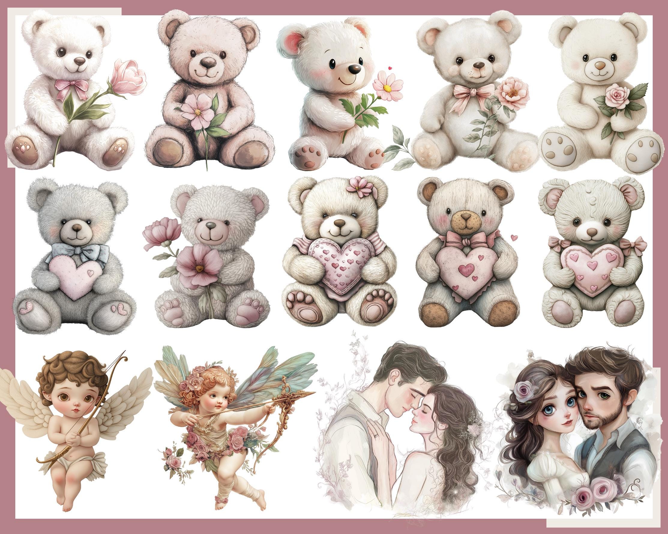 Pastel Valentine's Day Clip Art: 120 PNG, 300 DPI, Loveteddy Bear, Dove ...