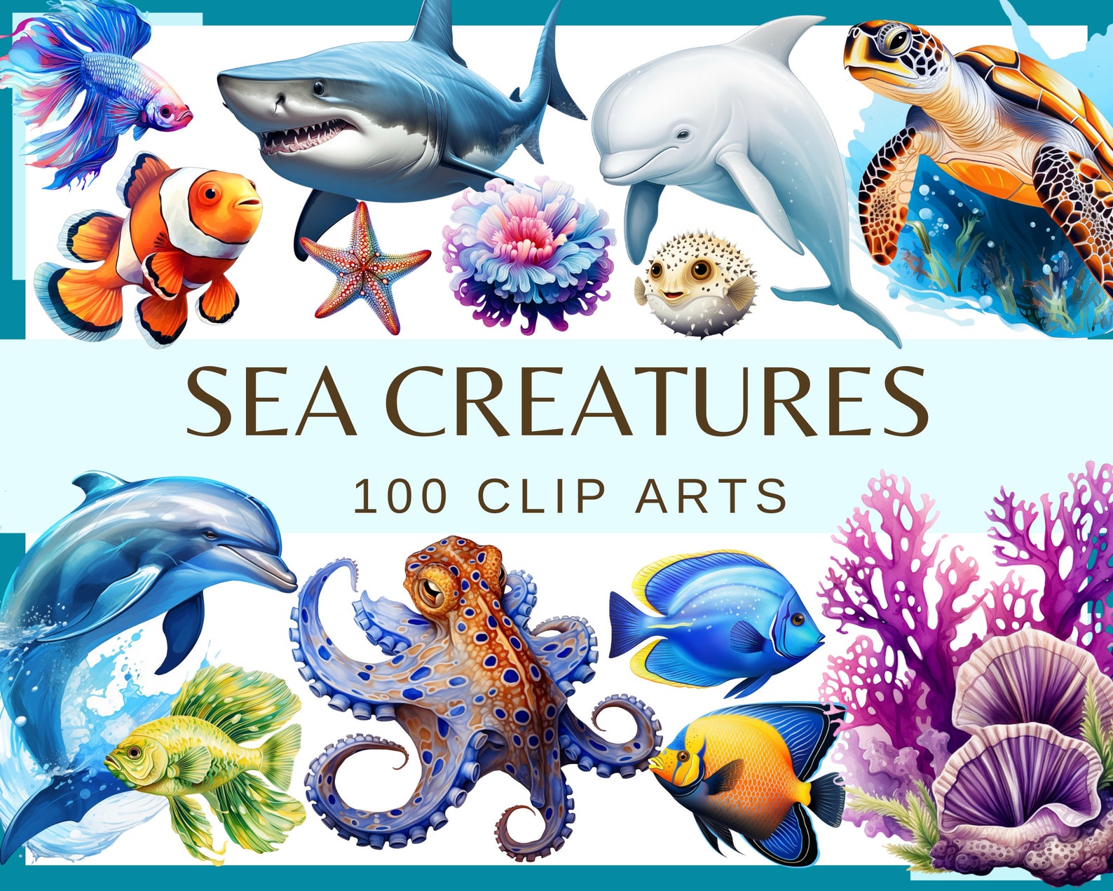 Sea Creatures: 100 PNG, 300 DPI Clipart Ocean Animal Illustrations ...