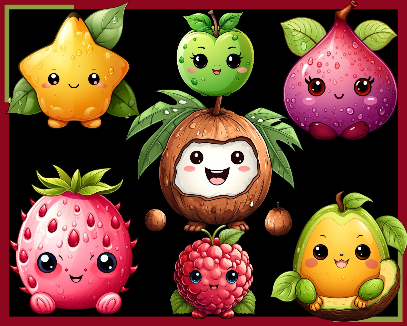 CUTE KAWAII FRUITS - 100 Clip Arts (300 Dpi, Fruit, Transparent ...