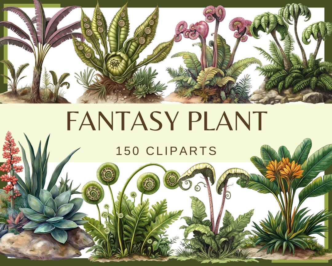 Fantasy Plants Clipart: 150 Watercolor Foliage PNG Bundle (digital ...