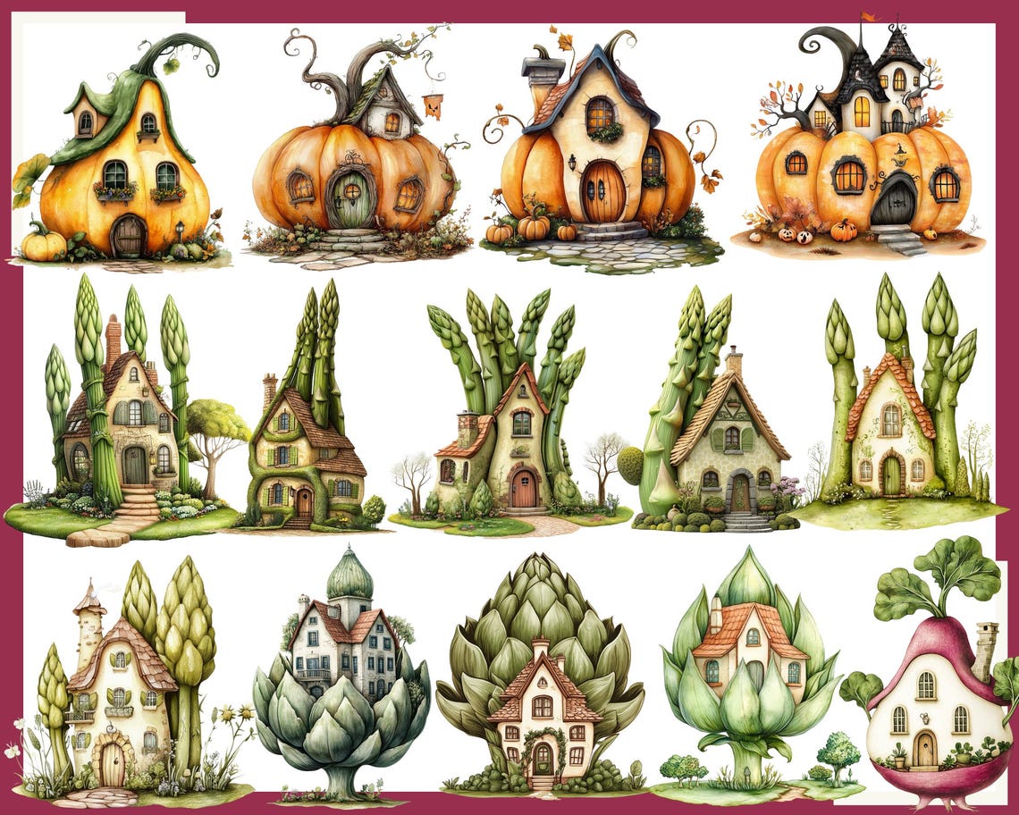 Watercolor Vegetable House Clipart: Fantasy Nursery Decor (130 PNG) - Etsy