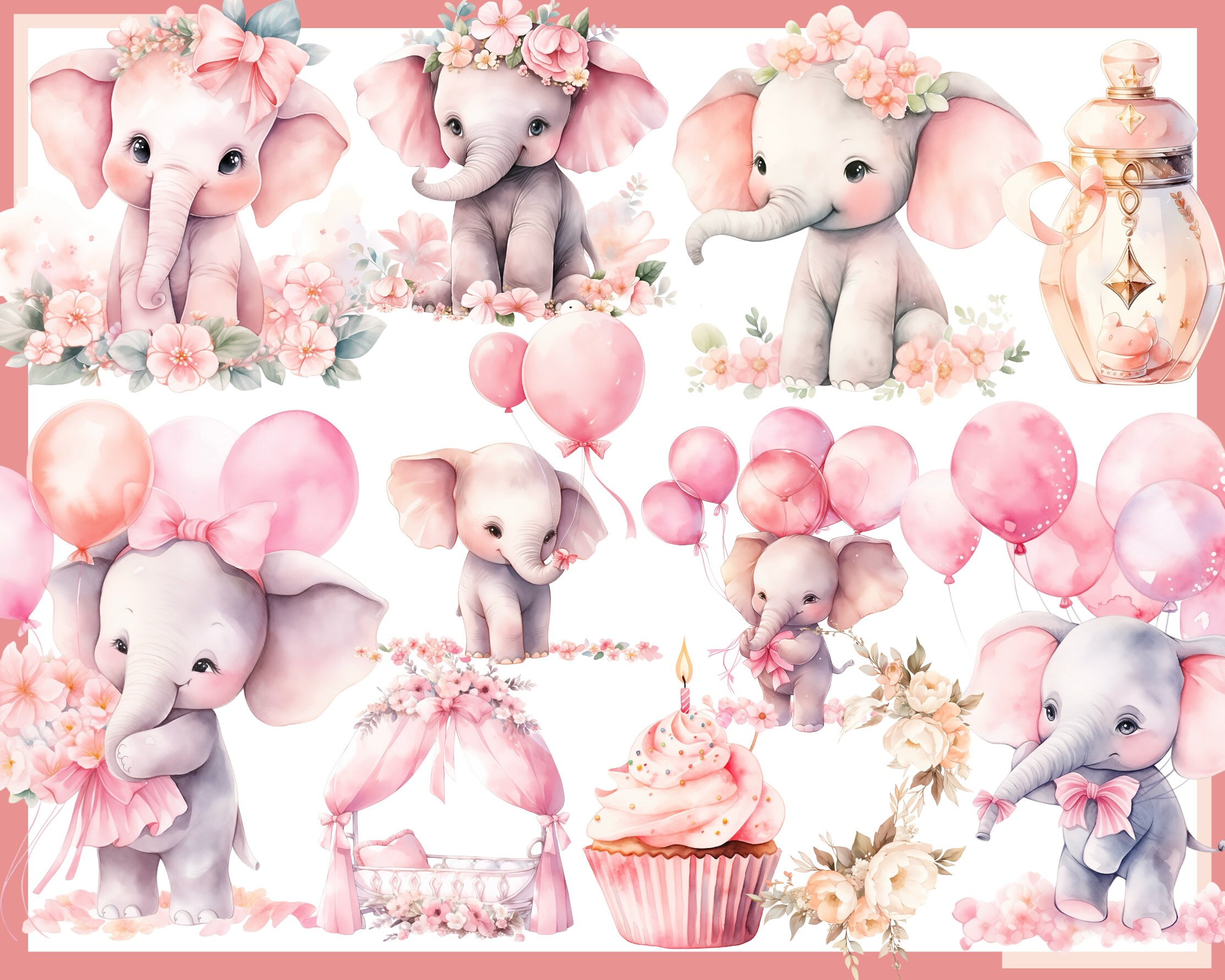 Pink Baby Elephant Watercolor Clipart: 100 PNG Graphics (commercial Use ...