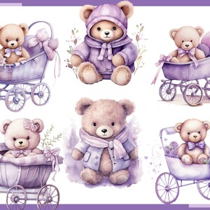 Violet Teddy Bear Watercolor Clipart: 100 PNG Nursery Graphics (digital ...