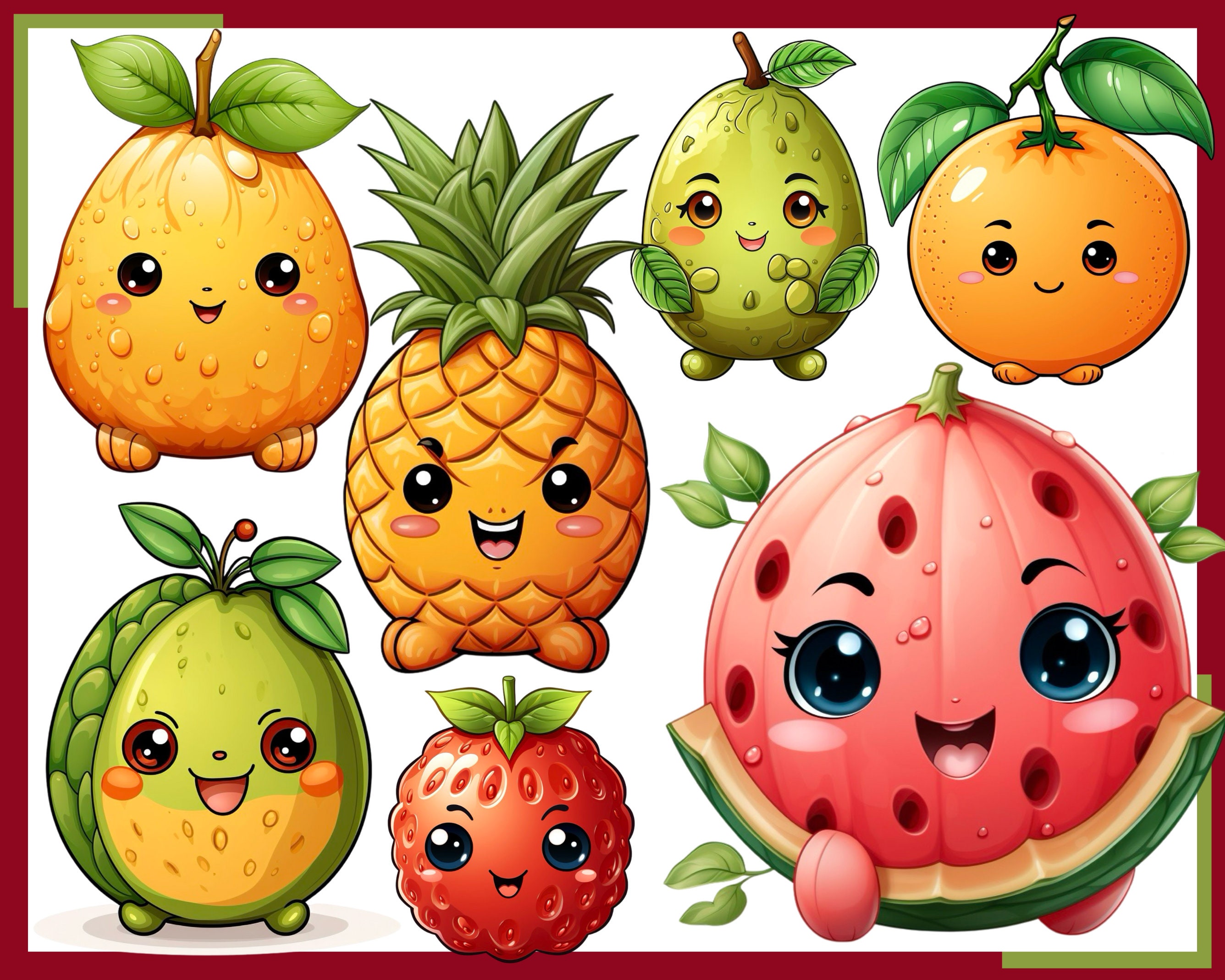 CUTE KAWAII FRUITS - 100 Clip Arts (300 Dpi, Fruit, Transparent ...