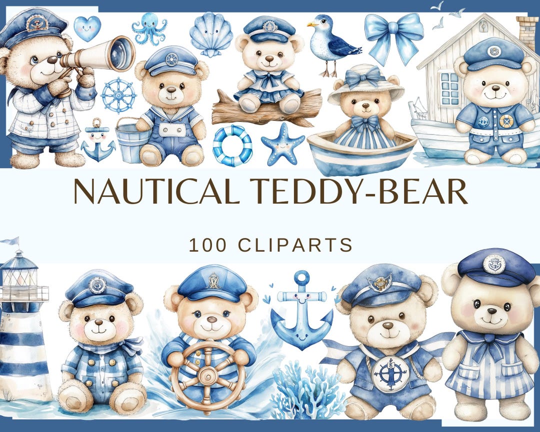 Nautical Teddy Bear: 100 PNG, 300 DPI Clipart Sea Life Nursery Baby ...