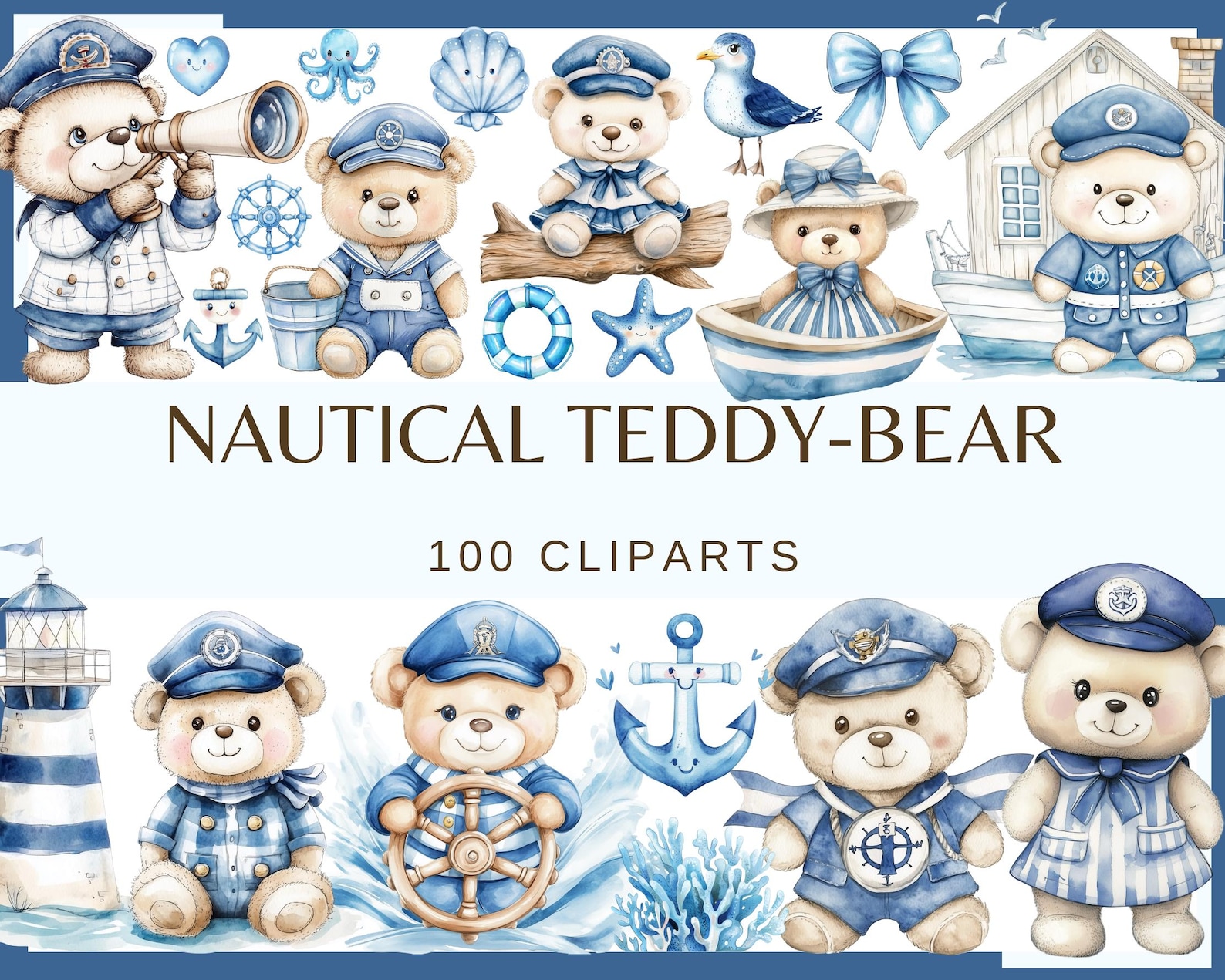 Nautical Teddy Bear: 100 PNG, 300 DPI Clipart Sea Life Nursery Baby ...
