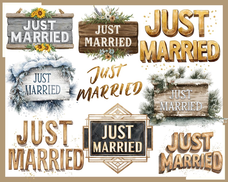 Just Married Sign: 130 PNG, 300 DPI Wedding Romantic Quotes (commercial ...