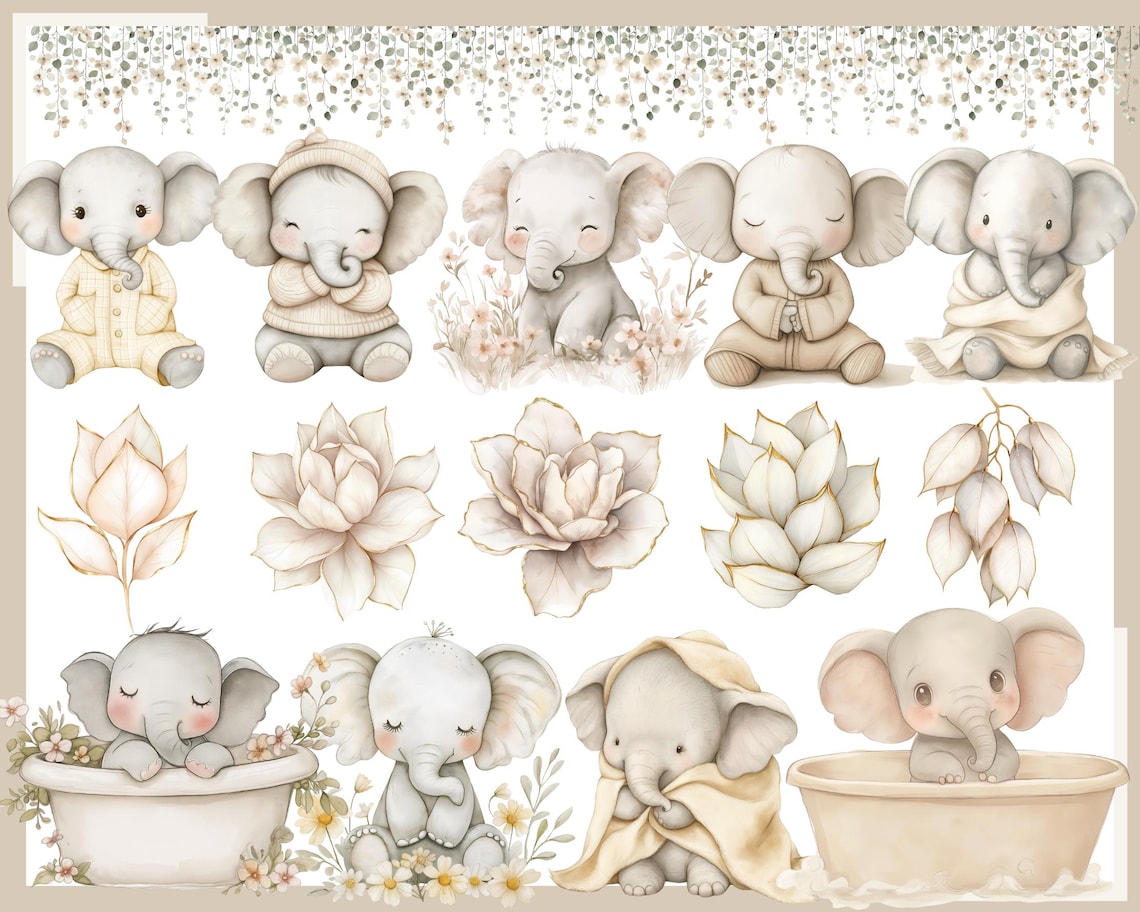 Watercolor Elephant Clip Art: Light Beige, 110 PNG Images (commercial ...