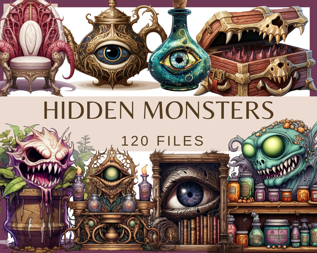 HIDDEN MONSTERS - 100 Watercolor Clip Arts + 20 Backgrounds ( 300 Dpi ...
