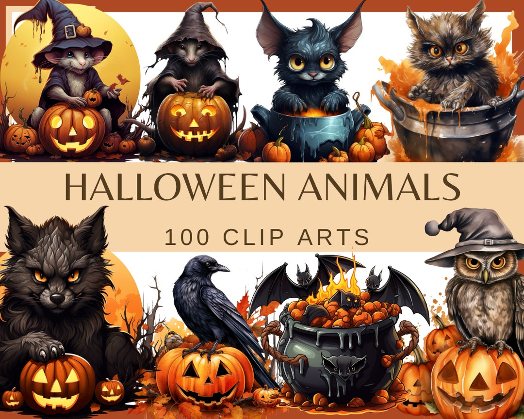 Halloween Animals Clip Art: Witch, Ghost, Bat (100 PNG Files, Digital ...