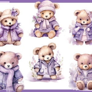 Violet Teddy Bear Watercolor Clipart: 100 PNG Nursery Graphics (digital ...
