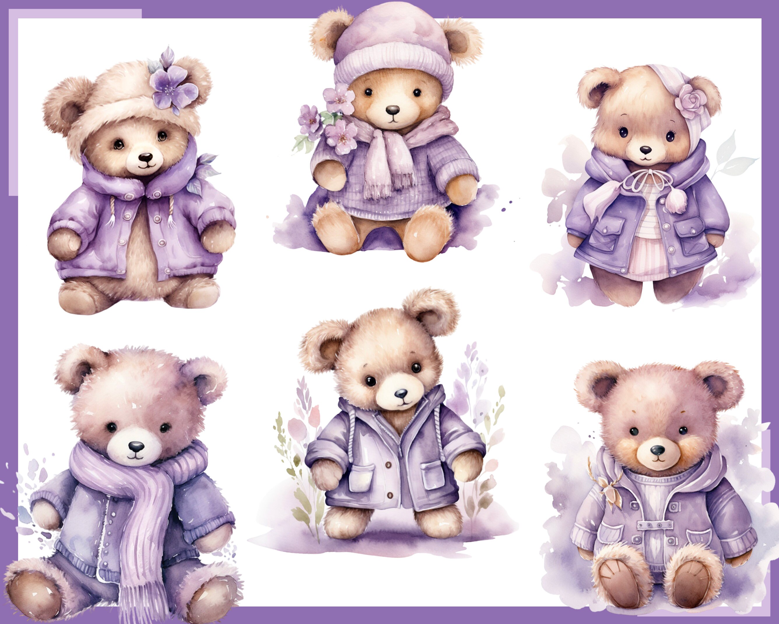 Violet Teddy Bear Watercolor Clipart: 100 PNG Nursery Graphics (digital ...