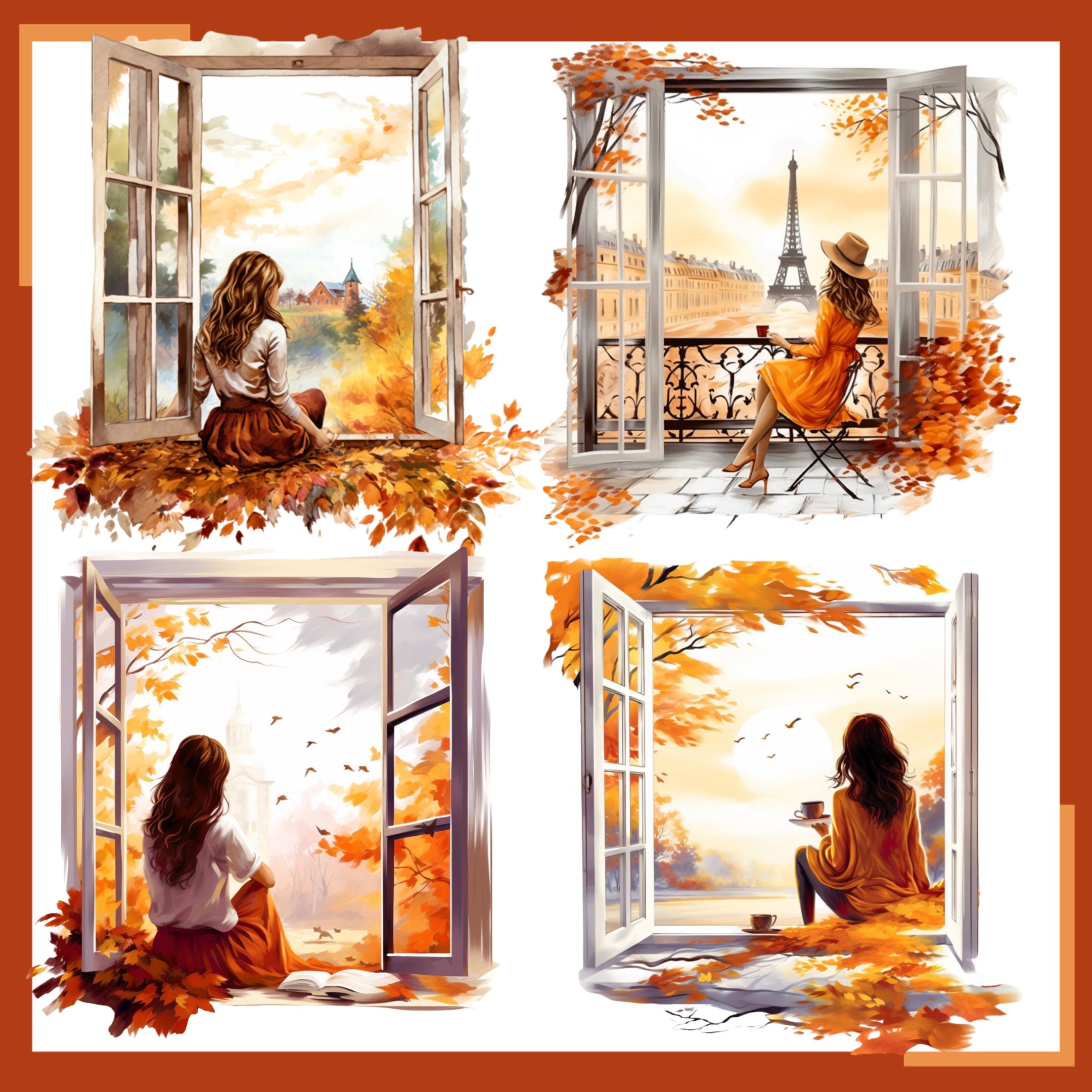 AUTUMN VIEW View From Window Girls Cats and Eiffel Tower - Etsy
