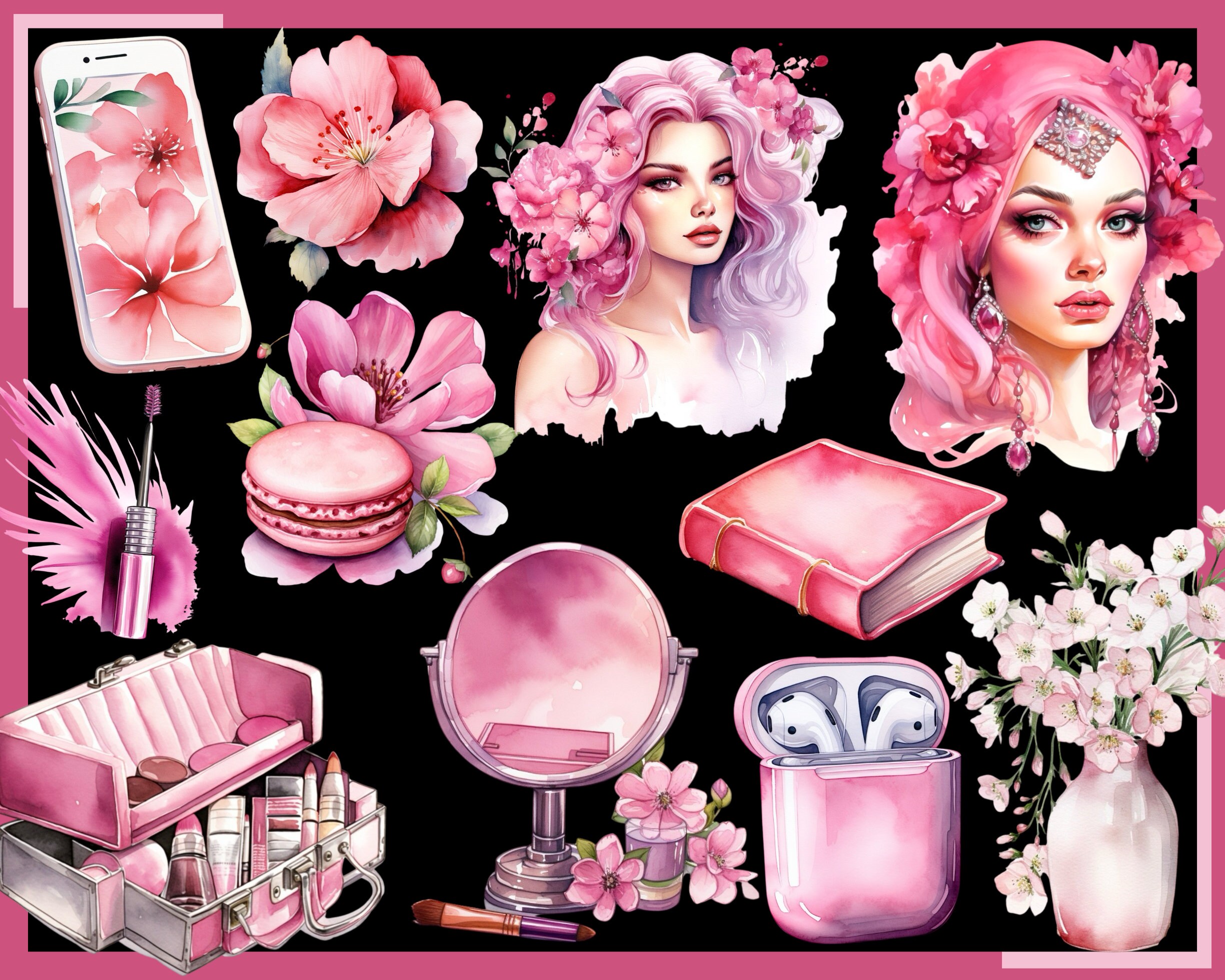 Pink Fashion Clipart: 100 Watercolor Graphics (PNG) - Etsy