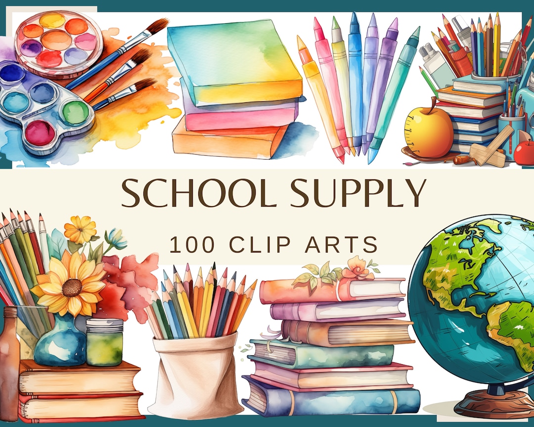 Watercolor School Supply Clip Art: 100 PNG Graphics (digital Download ...