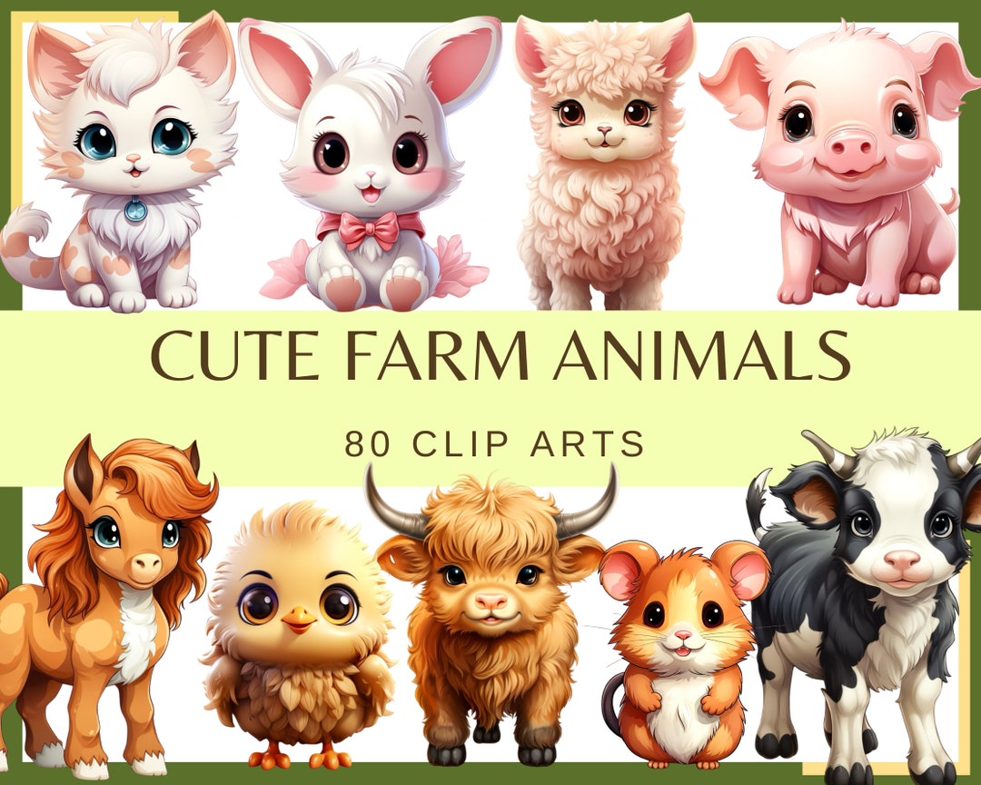 KAWAII FARM ANIMALS - 80 Clip Arts (300 Dpi, Cute Animals, Baby Animals ...