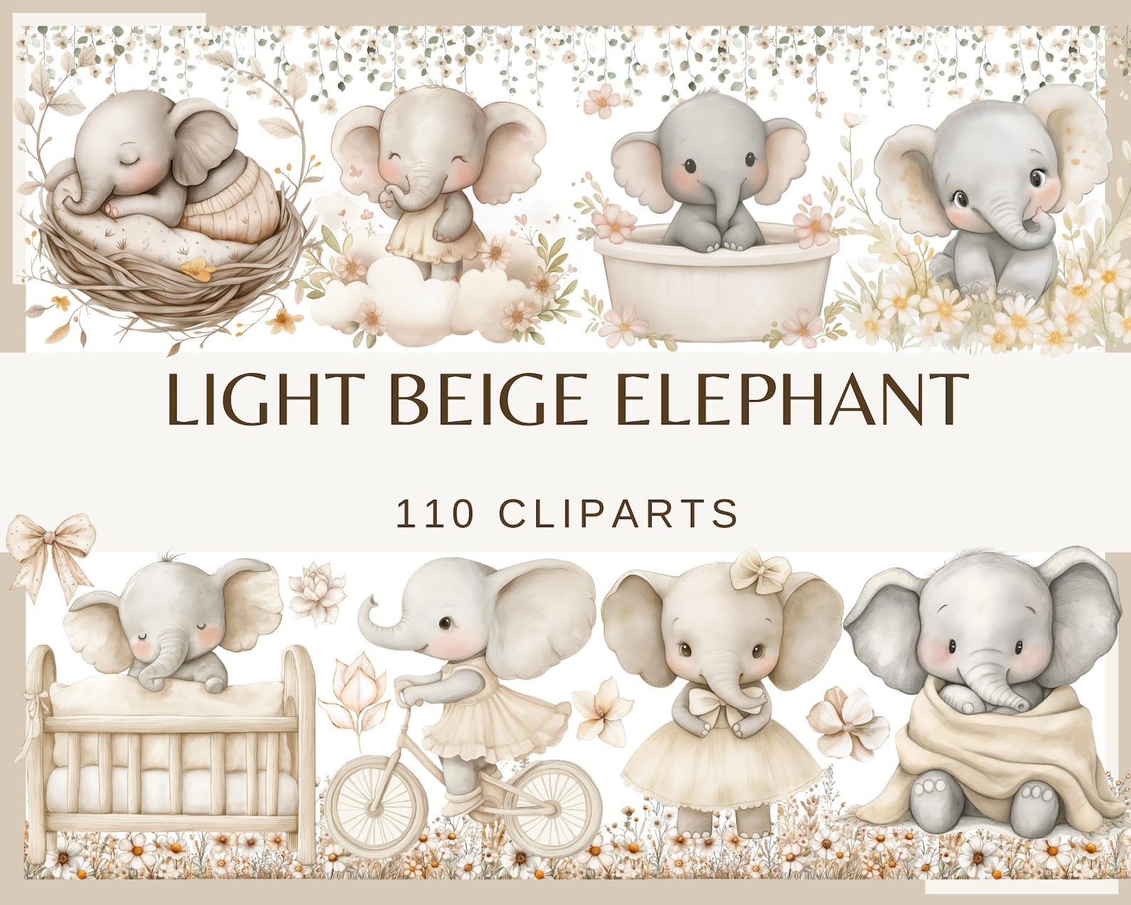 Watercolor Elephant Clip Art: Light Beige, 110 PNG Images (commercial ...