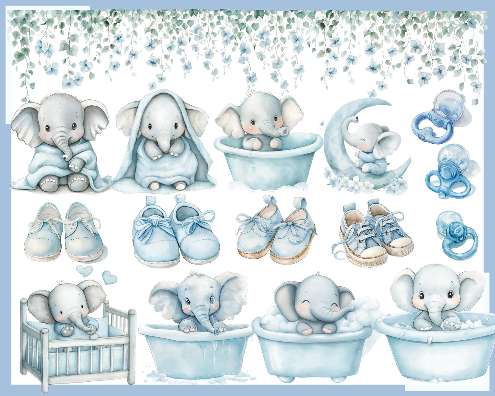 Light Blue Elephant Watercolor Clipart: 130 PNG Graphics (commercial ...