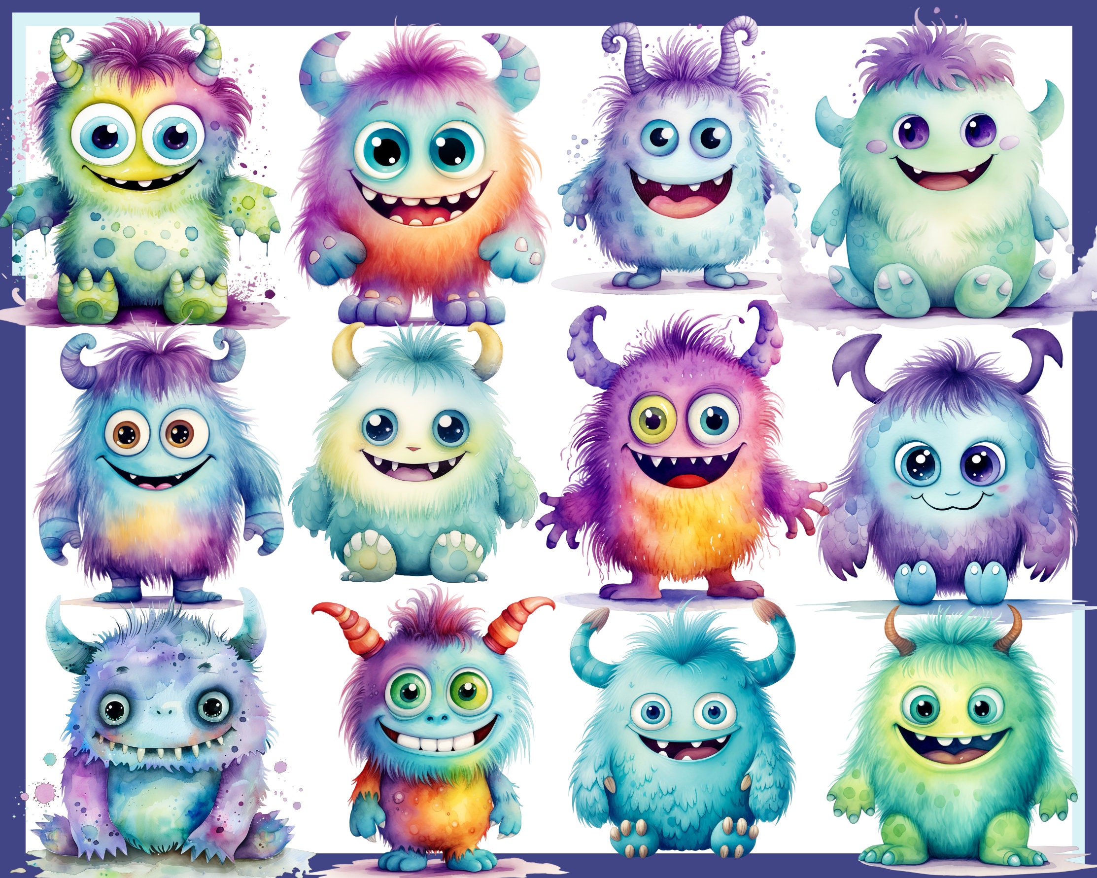 CUTE MONSTERS - 110 Watercolor Clip Arts ( 300 Dpi, Fantasy Monsters ...
