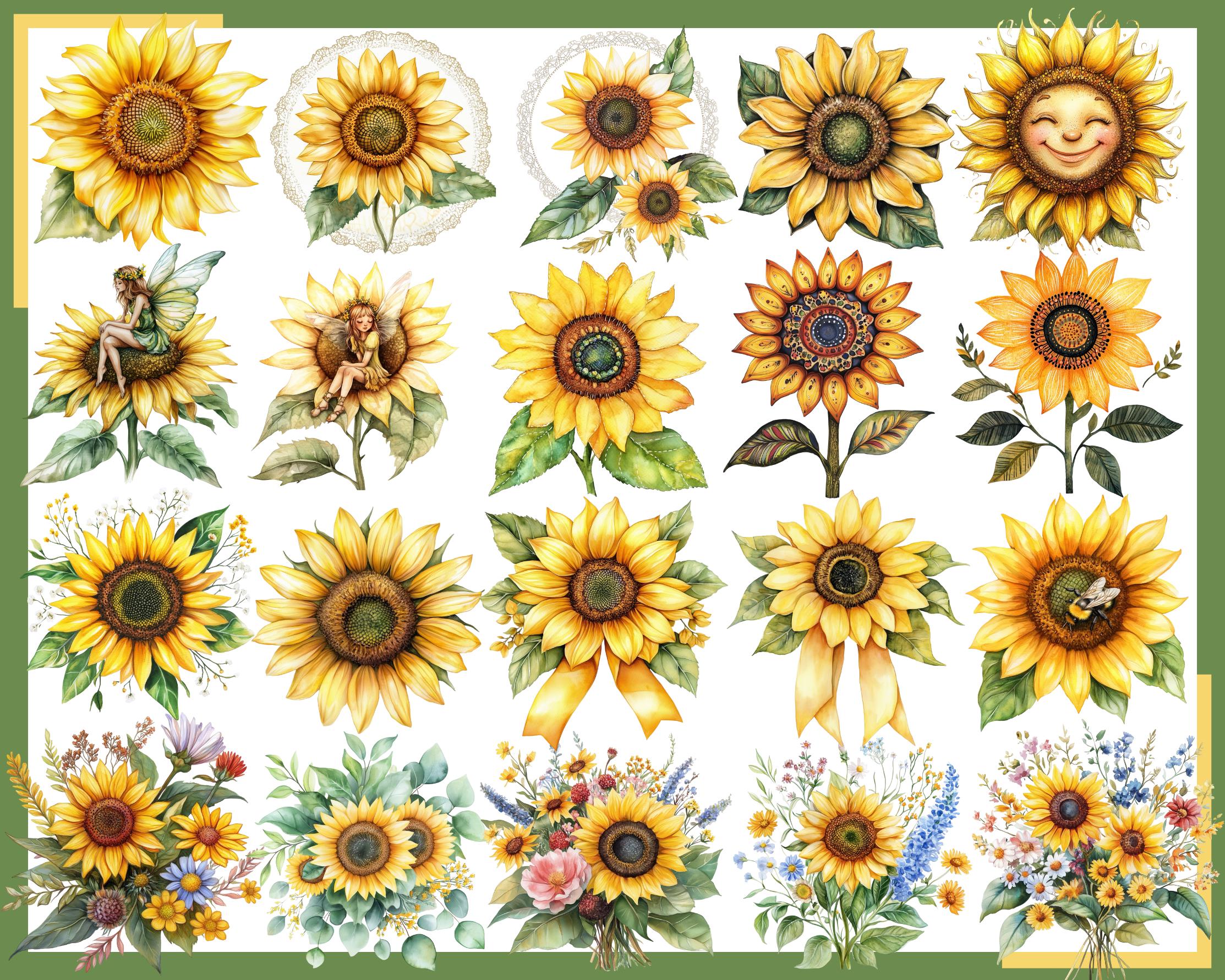 Watercolor Sunflower Clipart: Fashion Planner Graphics (PNG, 300 DPI ...