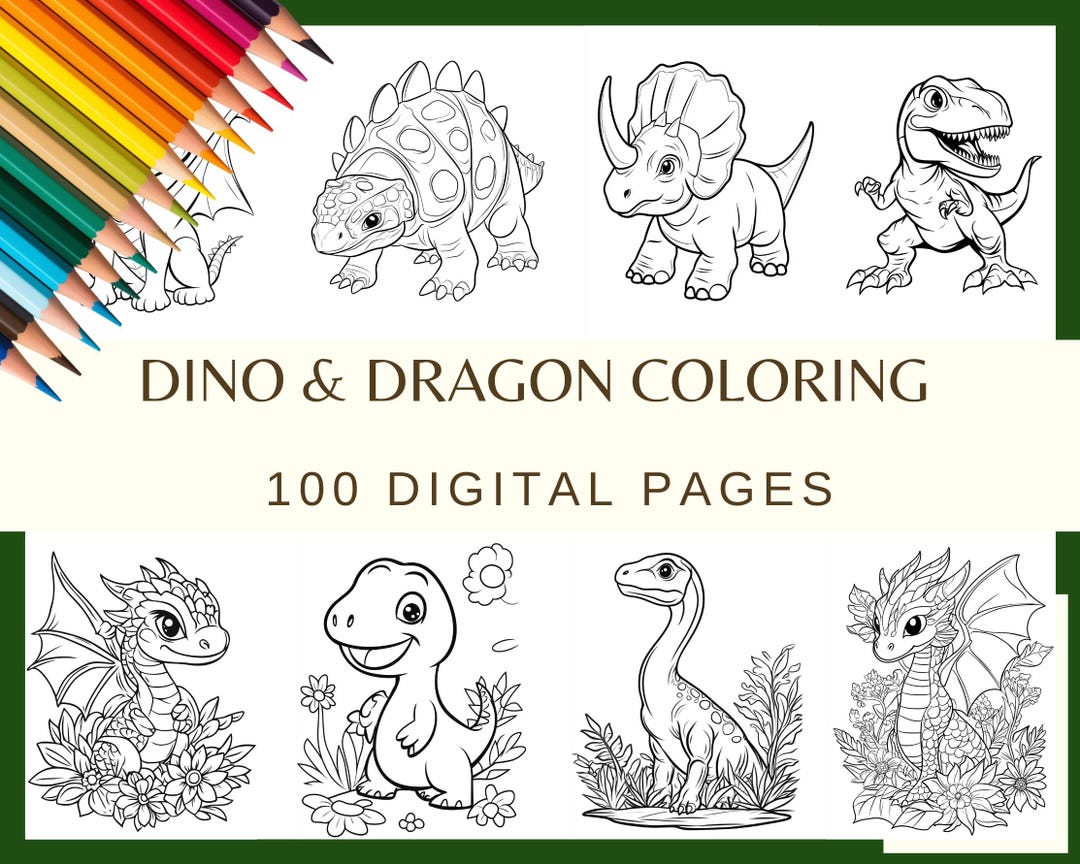 Dino & Dragon Coloring Pages: 100 Watercolor Clip Art (PNG) - Etsy