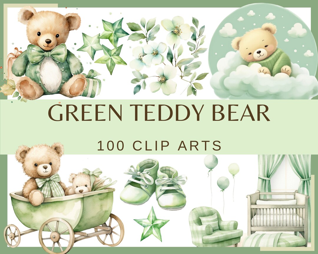 Green Teddy Bear Watercolor Clipart: 100 PNG Nursery Graphics ...