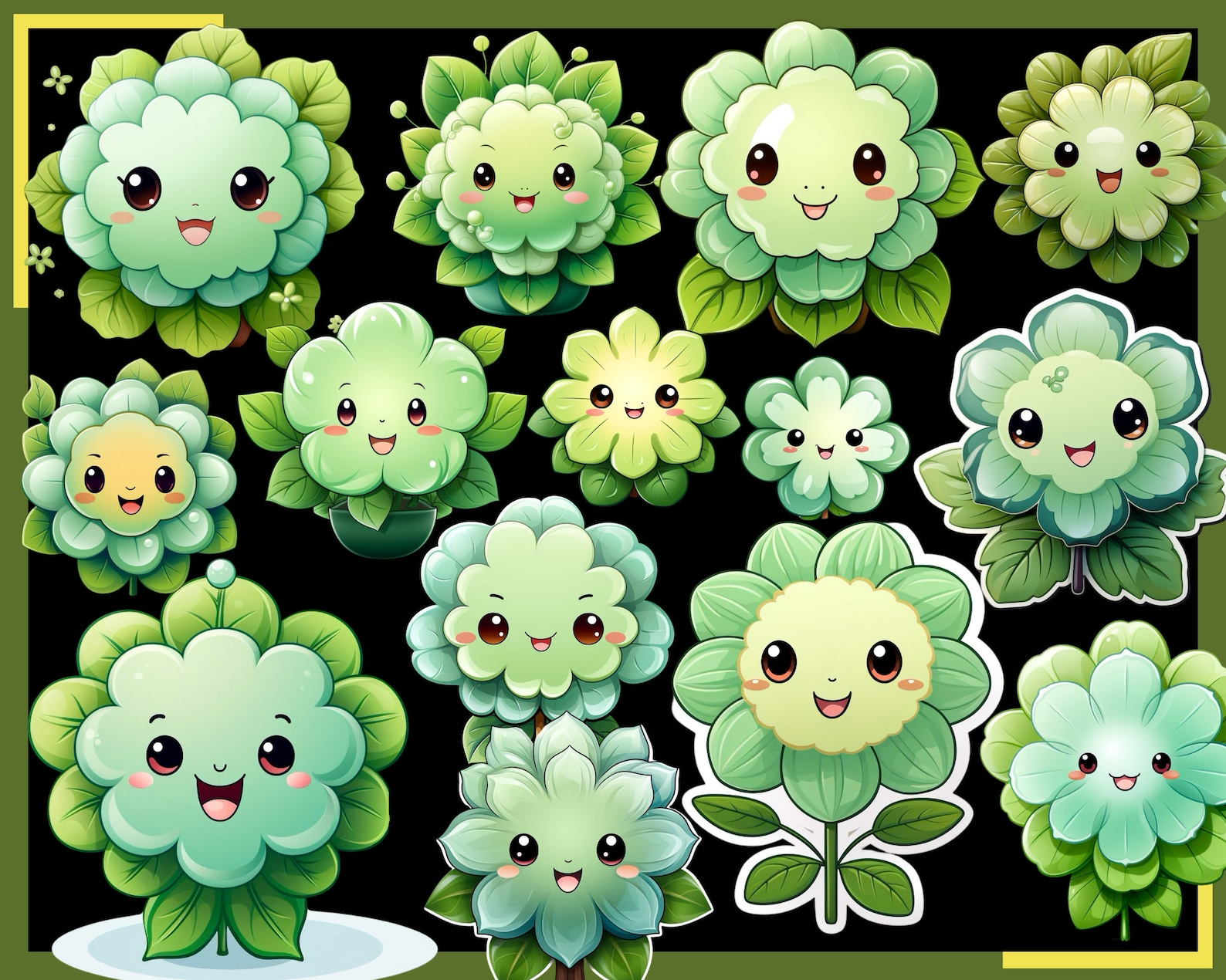 CUTE KAWAII FLOWERS - 100 Clip Arts (300 Dpi, Flower, Transparent ...