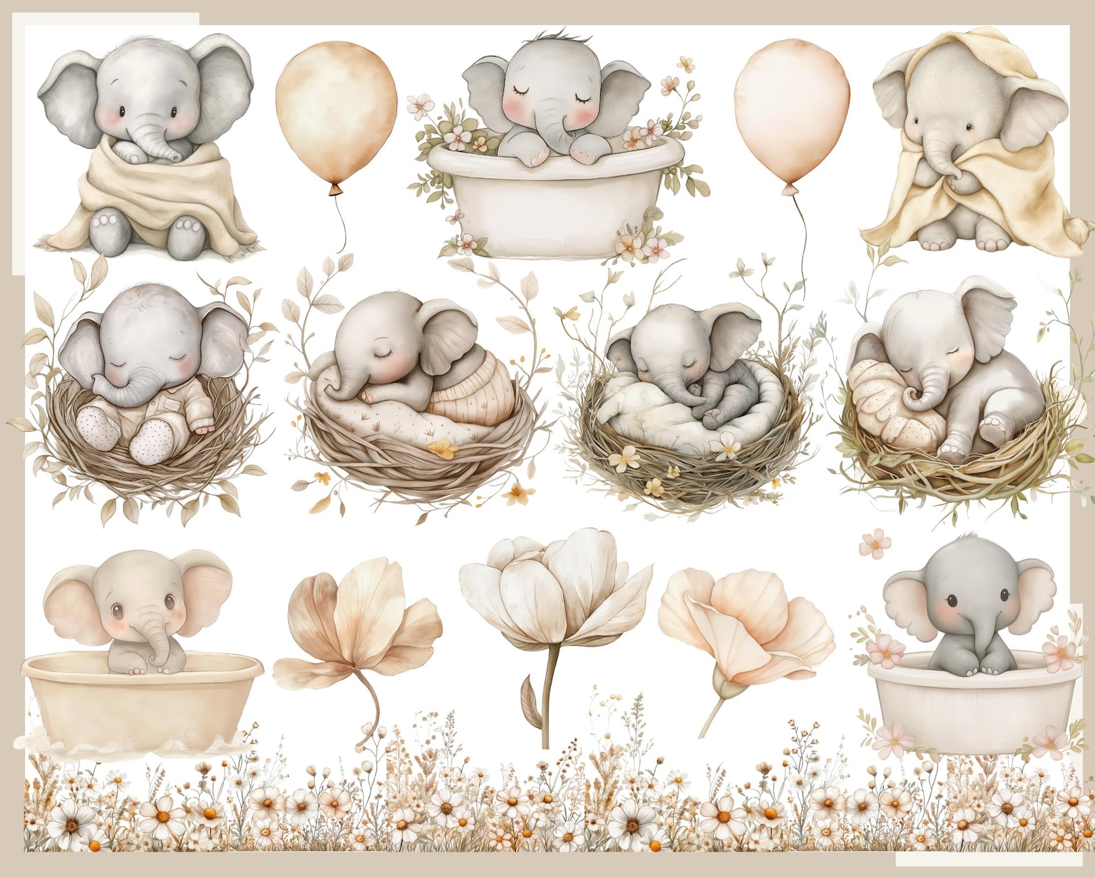 Watercolor Elephant Clip Art: Light Beige, 110 PNG Images (commercial ...