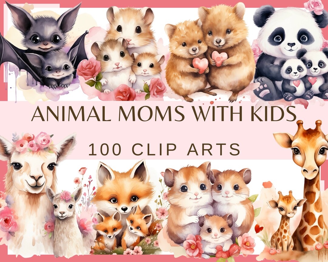 Animal Moms and Kids Clip Art: 100 PNG Nursery Graphics (digital ...
